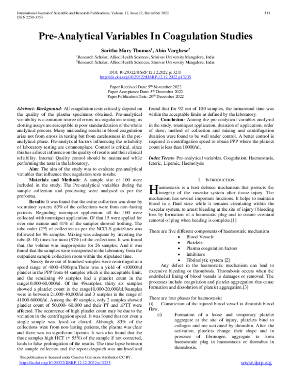 (PDF) Pre-Analytical Variables In Coagulation Studies