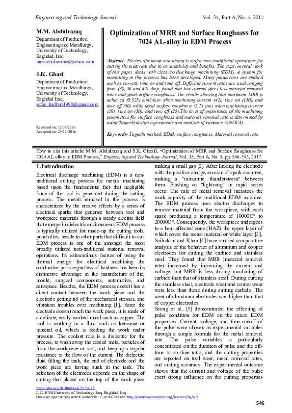 (PDF) Optimization of MRR and Surface Roughness for 7024 AL-alloy in EDM Process