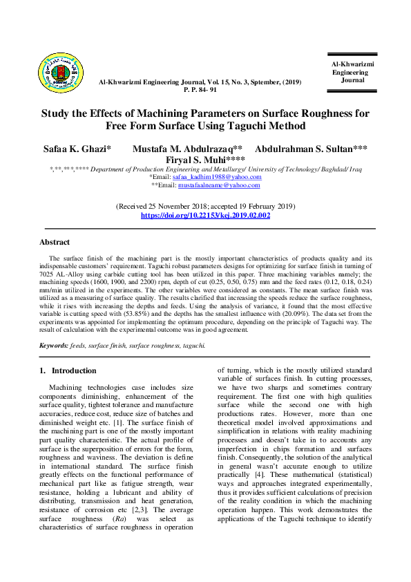 (PDF) Study the Effects of Machining Parameters on Surface Roughness for Free Form Surface Using ...