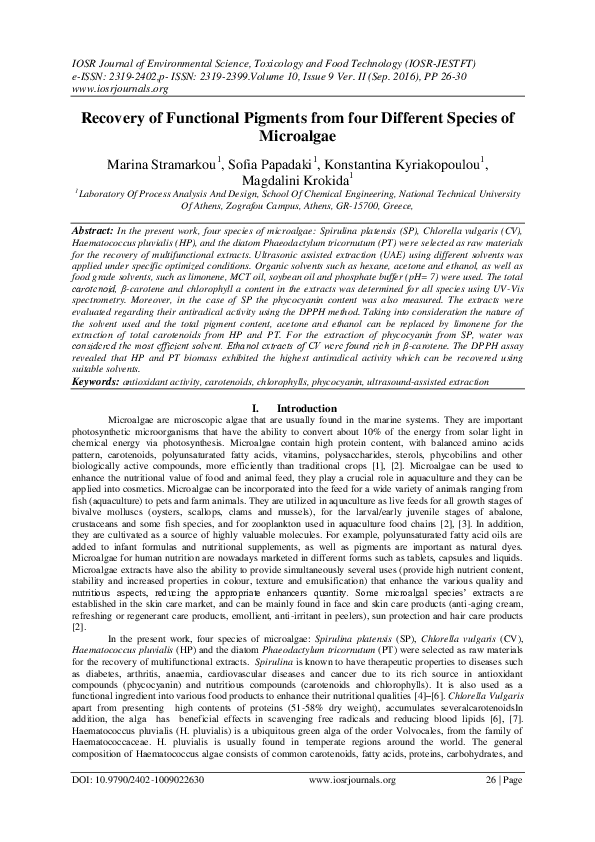 (PDF) Recovery of Functional Pigments from four Different Species of Microalgae