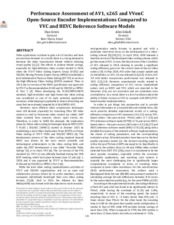 (PDF) Performance Assessment of AV1, x265 and VVenC Open-Source Encoder Implementations Compared ...