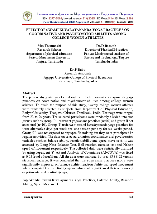 Pdf Effect Of Swami Kuvalayananda Yoga Practices On Coordinative And Psychomotor Abilities