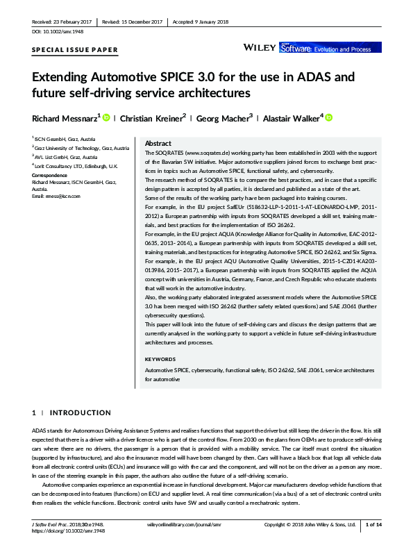 (PDF) Extending Automotive SPICE 3.0 for the use in ADAS and future self-driving service ...