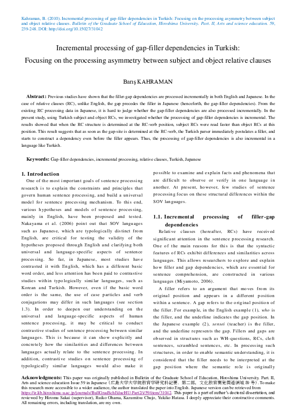 (PDF) Incremental processing of gap-filler dependencies in Turkish ...