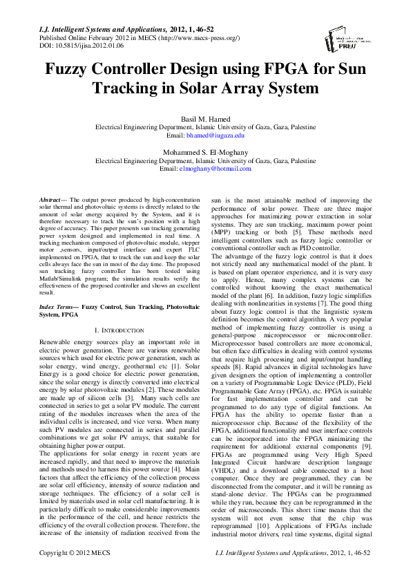 Pdf Fuzzy Controller Design Using Fpga For Sun And Maximum Power Point Tracking In Solar Array