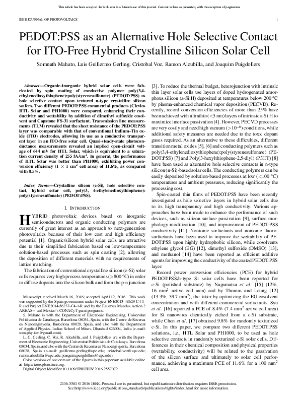 (PDF) PEDOT:PSS as an Alternative Hole Selective Contact for ITO-Free Hybrid Crystalline Silicon ...