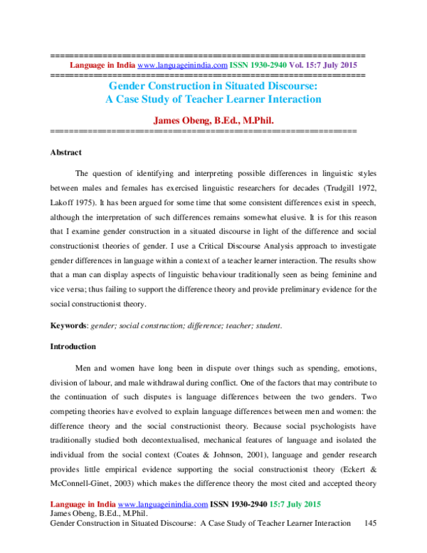(PDF) Gender Construction in Situated Discourse: A Case Study of ...