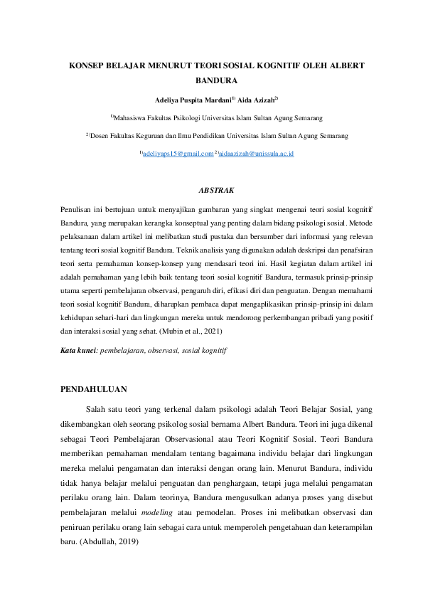 (PDF) KONSEP BELAJAR MENURUT TEORI SOSIAL KOGNITIF OLEH ALBERT BANDURA