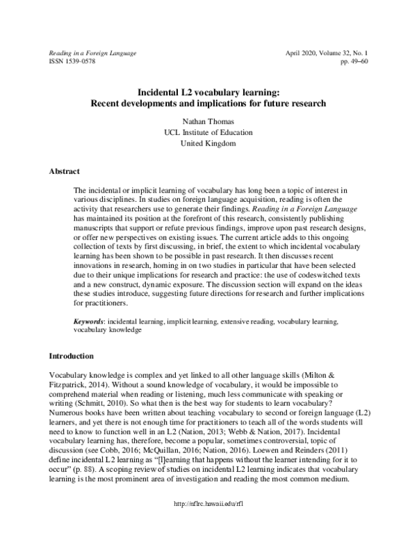 (PDF) Incidental L2 vocabulary learning: Recent developments and implications for future research