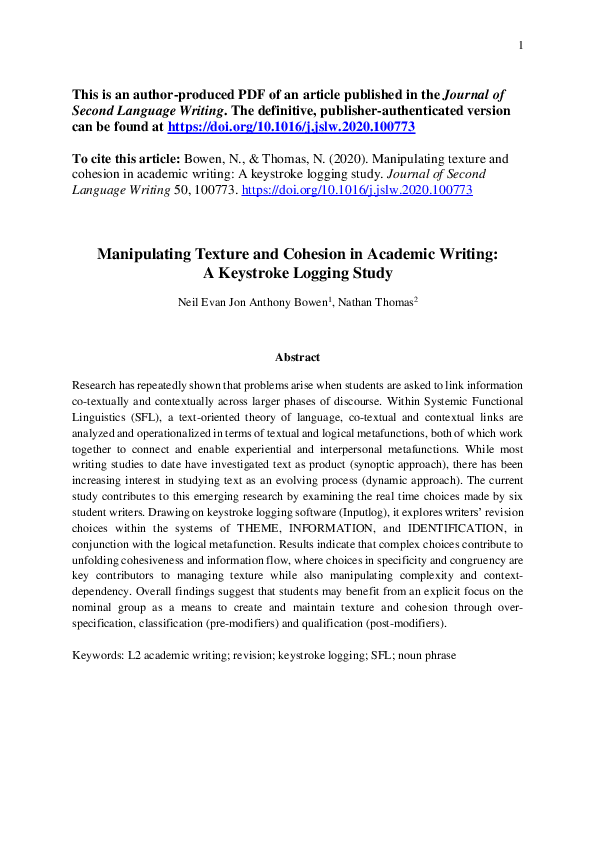 (PDF) Manipulating texture and cohesion in academic writing: A keystroke logging study