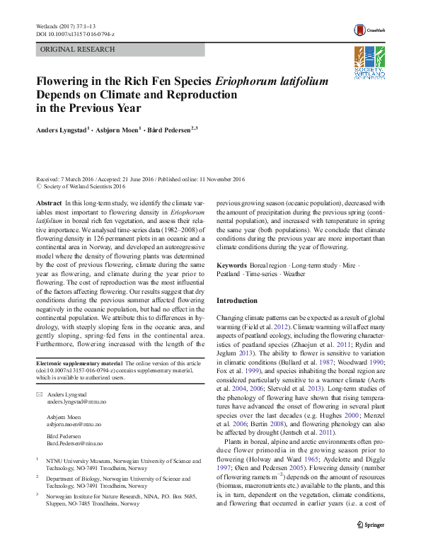 (PDF) Flowering in the Rich Fen Species Eriophorum latifolium Depends ...