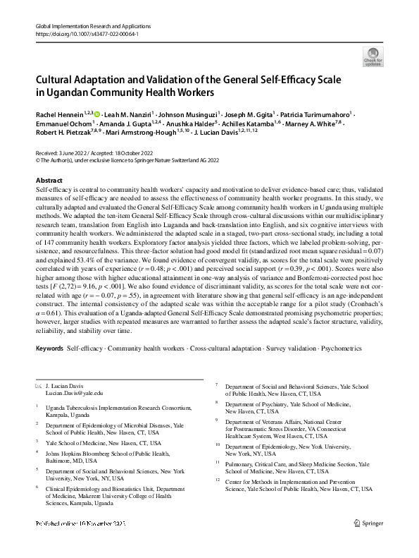 (PDF) Cultural Adaptation and Validation of the General Self-Efficacy Scale in Ugandan Community ...