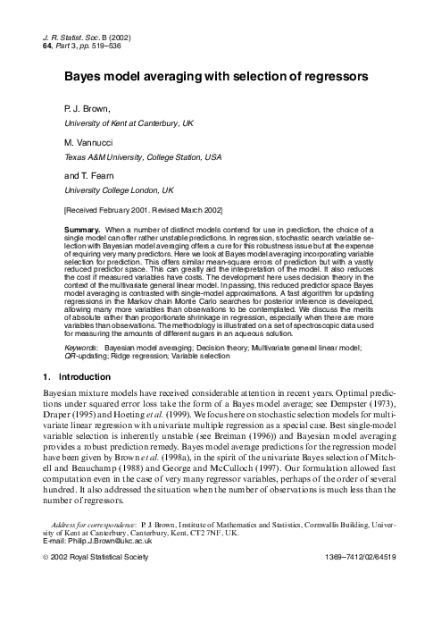 (PDF) Bayes Model Averaging with Selection of Regressors