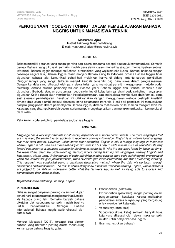 (PDF) Penggunaan “Code-Switching” Dalam Pembelajaran Bahasa Inggris Untuk Mahasiswa Teknik ...