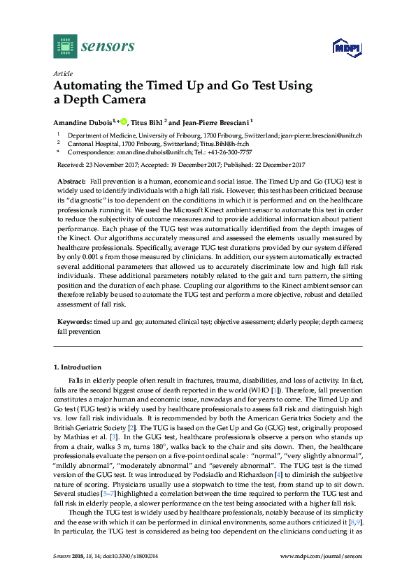 (PDF) Automating the Timed Up and Go Test Using a Depth Camera | titus ...