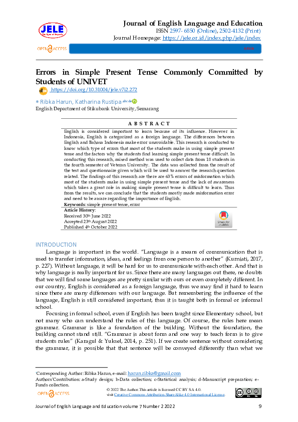 (PDF) Errors in Simple Present Tense Commonly Committed by Students of UNIVET