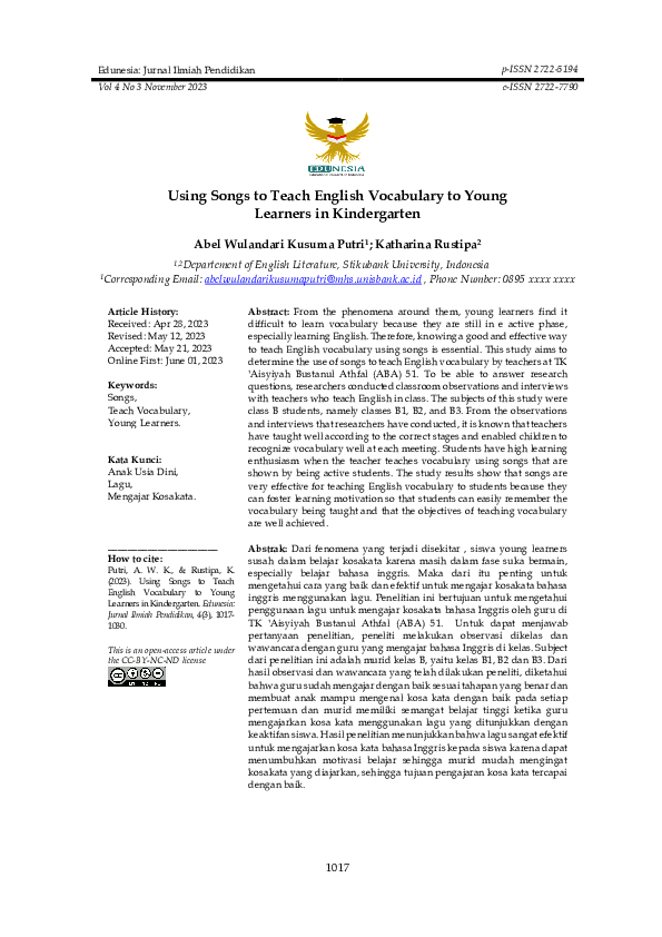 Pdf Using Songs To Teach English Vocabulary To Young Learners In