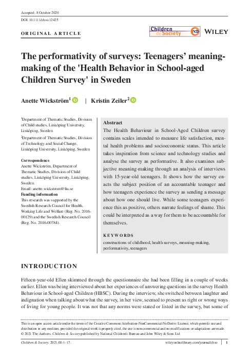 (PDF) The performativity of surveys: Teenagers’ meaning‐making of the ...