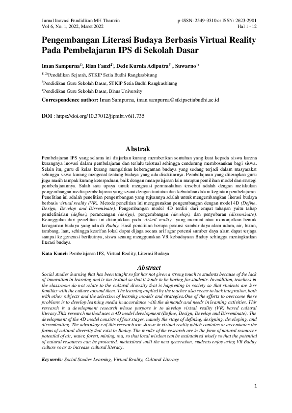 (PDF) Pengembangan Literasi Budaya Berbasis Virtual Reality Pada ... (PDF) Pengembangan Literasi Budaya Berbasis Virtual Reality Pada ...