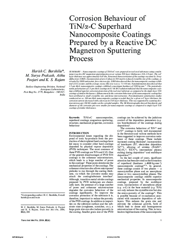 (PDF) Corrosion Behaviour of TiN/a-C Superhard Nanocomposite Coatings Prepared by a Reactive DC ...