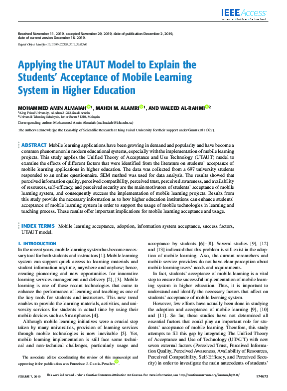 (PDF) Applying the UTAUT Model to Explain the Students’ Acceptance of Mobile Learning System in ...