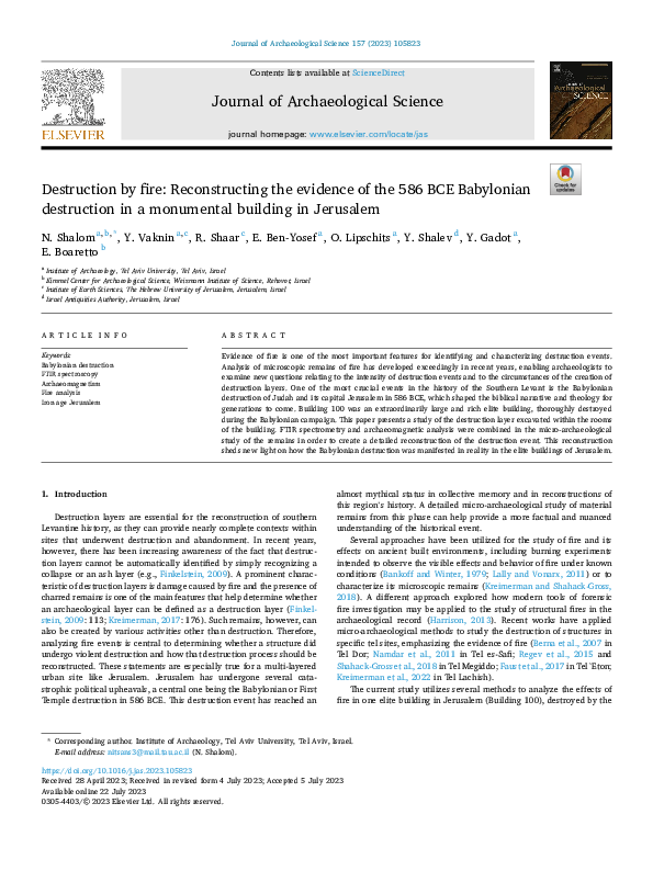 (PDF) Destruction by fire: Reconstructing the evidence of the 586 BCE ...
