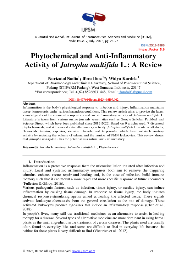(PDF) Phytochemical and Anti-Inflammatory Activity of Jatropha ...