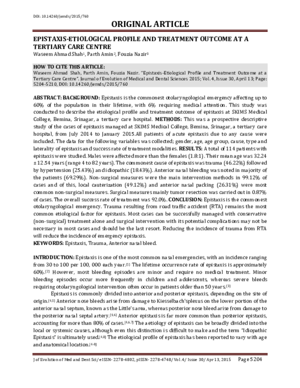 (PDF) Epistaxis - Etiological Profile and Treatment Outcome at a ...