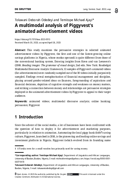 (PDF) A multimodal analysis of Piggyvest’s animated advertisement videos