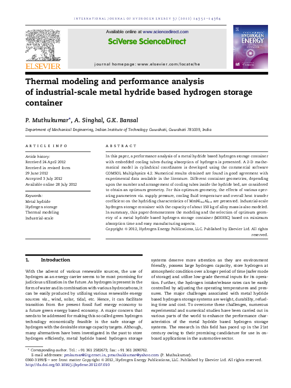 (PDF) Thermal modeling and performance analysis of industrial-scale metal hydride based hydrogen ...