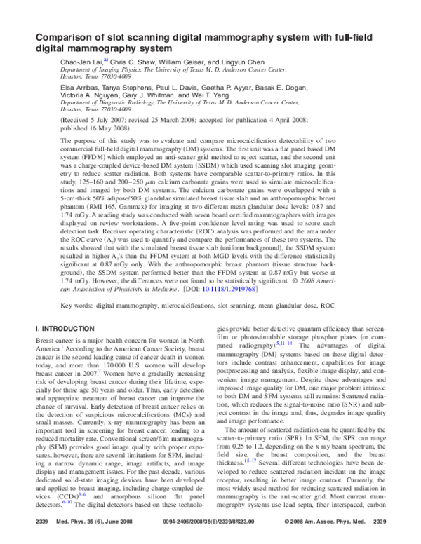 (PDF) Comparison of slot scanning digital mammography system with full-field digital mammography ...