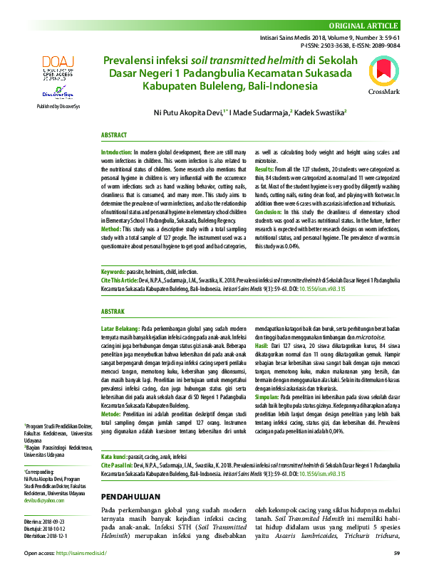 (PDF) Prevalensi infeksi soil transmitted helmith di Sekolah Dasar Negeri 1 Padangbulia ...
