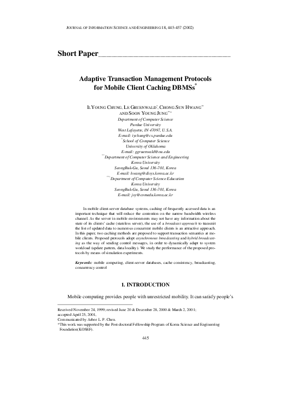 (PDF) Adaptive Transaction Management Protocols for Mobile Client Caching DBMSs | Soon Ki Jung ...