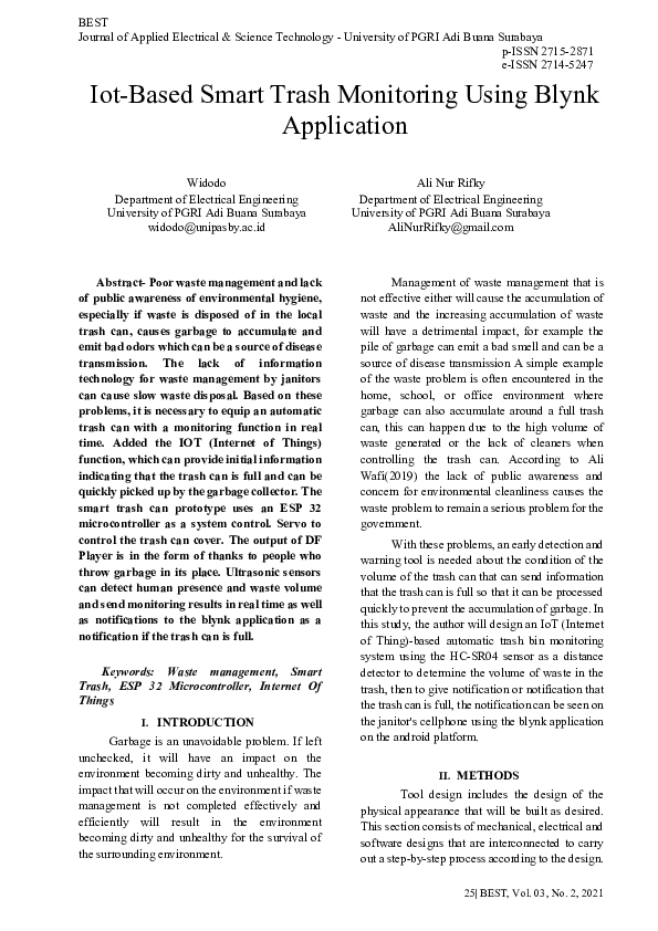 (PDF) Iot-Based Smart Trash Monitoring Using Blynk Application