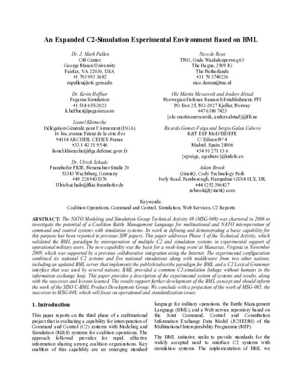 (PDF) An Expanded C2-Simulation Experimental Environment Based on BML
