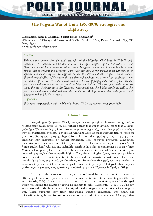 (PDF) The Nigeria War of Unity 1967-1970: Strategies and Diplomacy