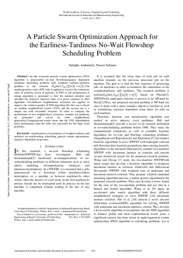(PDF) A Particle Swarm Optimization Approach for the Earliness-Tardiness No-Wait Flowshop ...