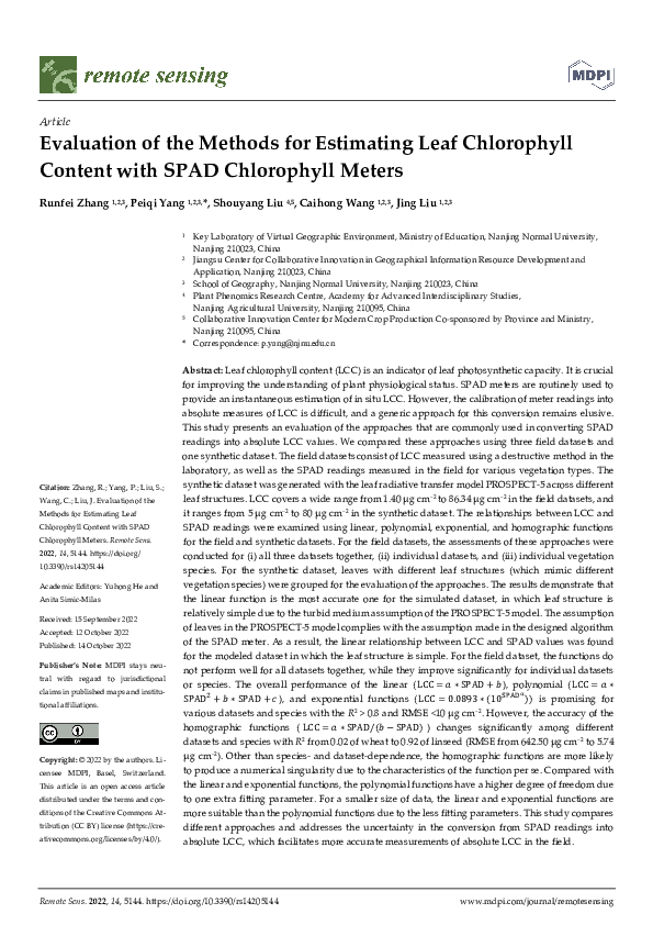 (PDF) Evaluation of the Methods for Estimating Leaf Chlorophyll Content ...