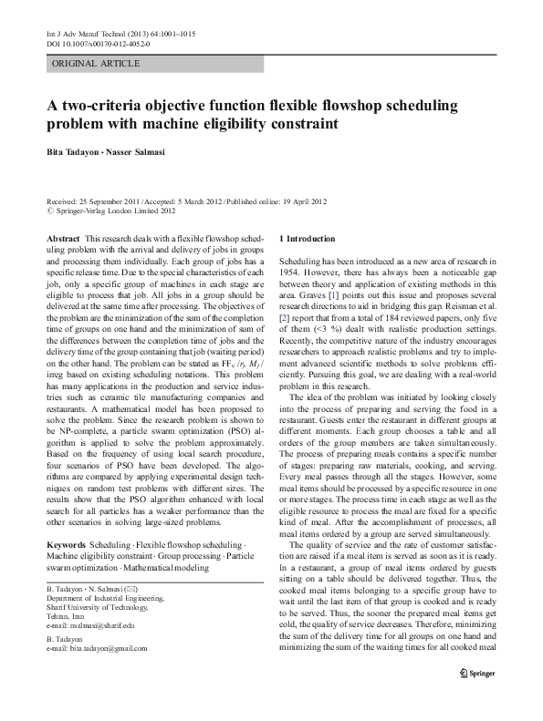 (PDF) A two-criteria objective function flexible flowshop scheduling problem with machine ...