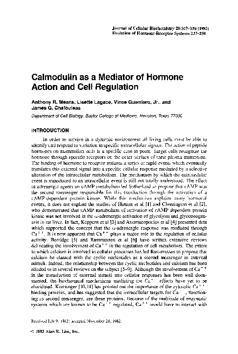 (PDF) Calmodulin as a mediator of hormone action and cell regulation