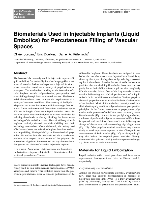 (PDF) Biomaterials Used in Injectable Implants (Liquid Embolics) for ...