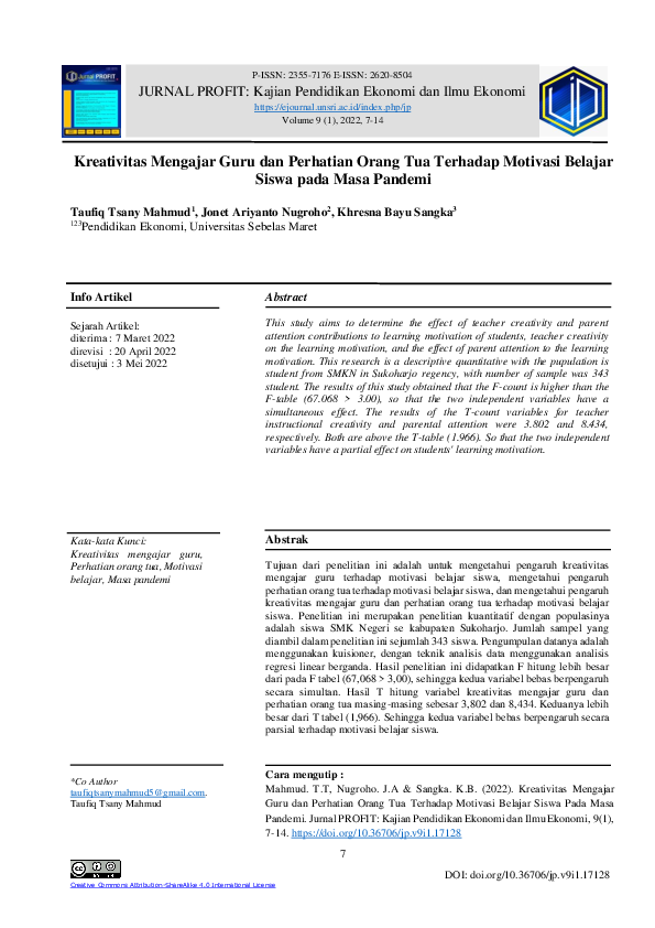 (PDF) Kreativitas Mengajar Guru Dan Perhatian Orang Tua Terhadap Motivasi Belajar Siswa Pada ...