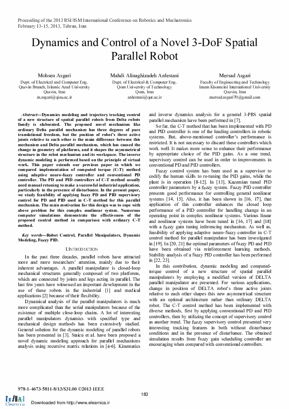 (PDF) Dynamics and control of a novel 3-DoF spatial parallel robot