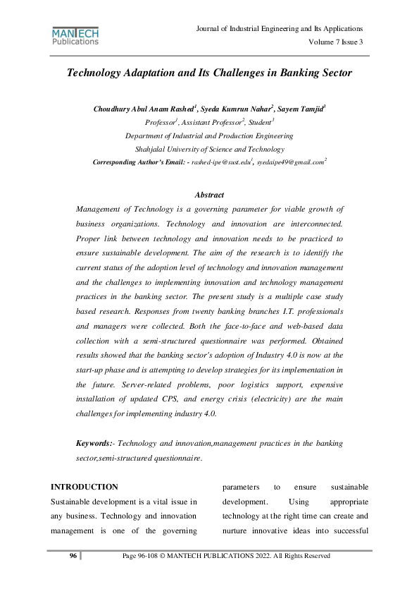 (PDF) Technology Adaptation and Its Challenges in Banking Sector