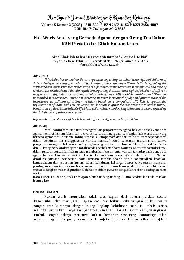 (PDF) Hak Waris Anak yang Berbeda Agama dengan Orang Tua Dalam KUH ...