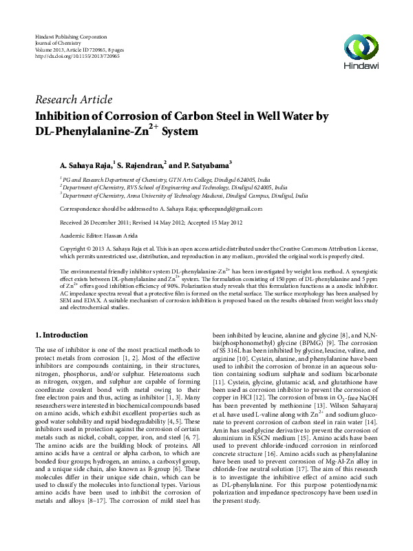 (PDF) Inhibition of corrosion of carbon steel in well water by arginine-Zn2+ system