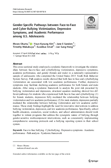 (PDF) Gender-Specific Pathways between Face-to-Face and Cyber Bullying Victimization, Depressive ...