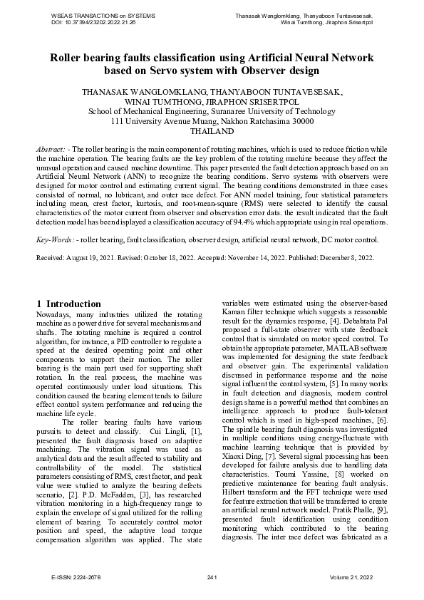 Roller Bearing Faults Classification Using Artificial Neural Network Based on Servo System with ...