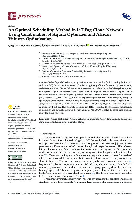 Pdf An Optimal Scheduling Method In Iot Fog Cloud Network Using Combination Of Aquila