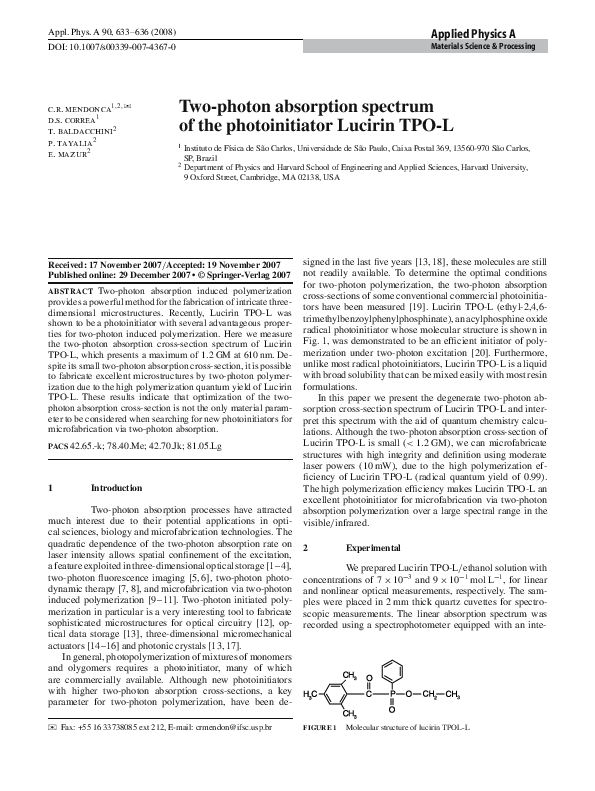 (PDF) Two-photon absorption spectrum of the photoinitiator Lucirin TPO-L